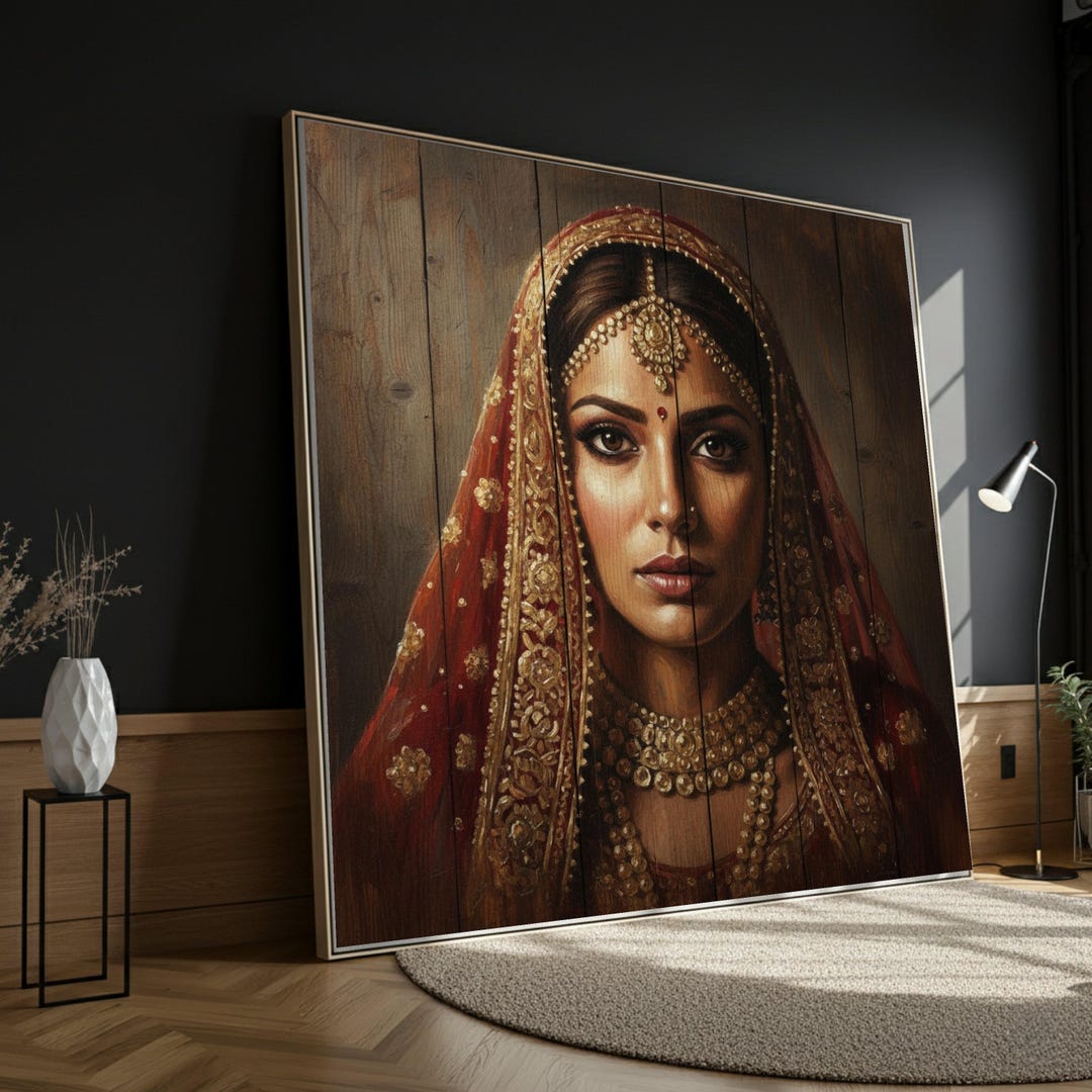 Elegant Indian Bride Portrait Canvas, Traditional Wedding Jewelry Wall ...