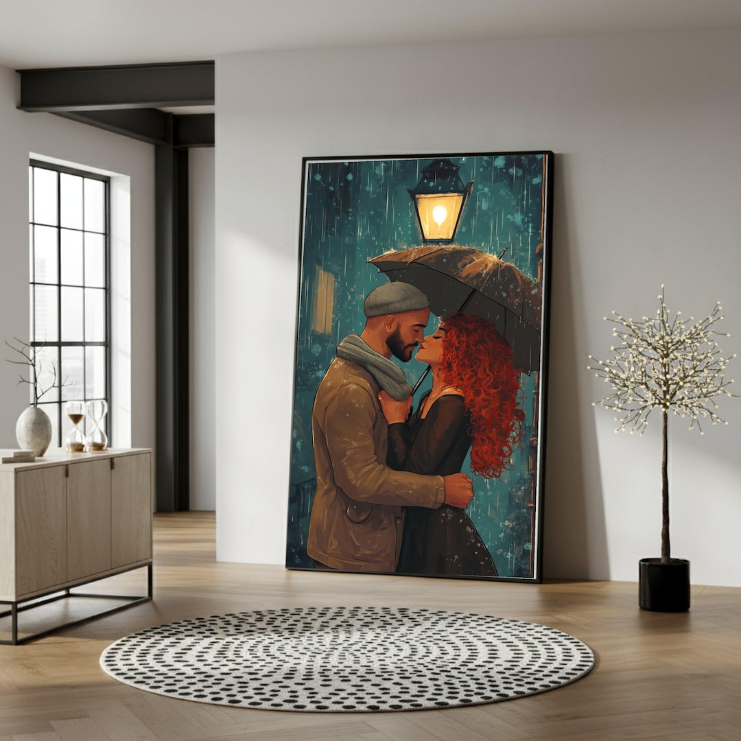 Romantic Rainy Evening, Couple Under Umbrella Canvas, Intimate Love ...