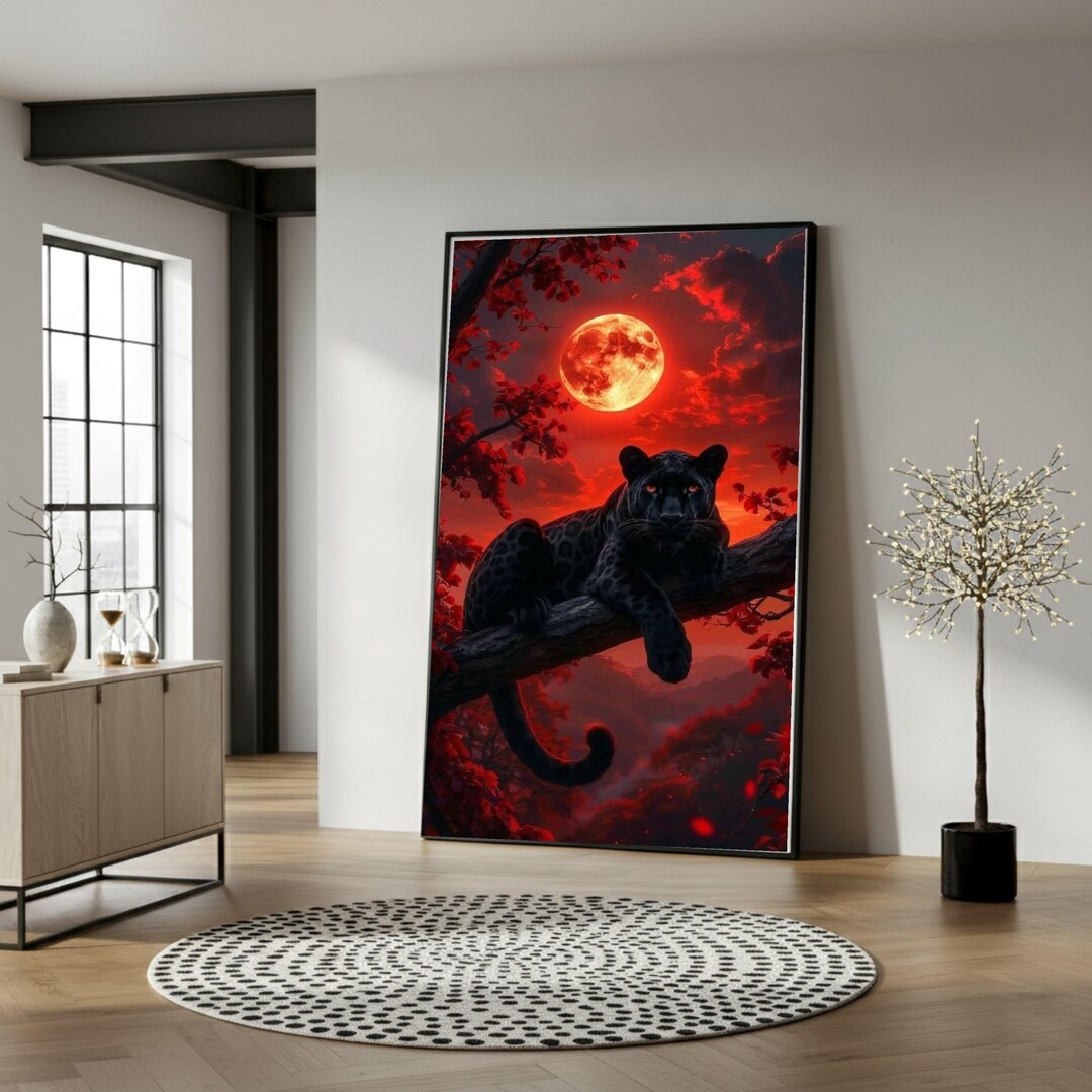Mystic Black Panther Canvas, Red Moon Night Wall Art, Jungle Wildlife ...