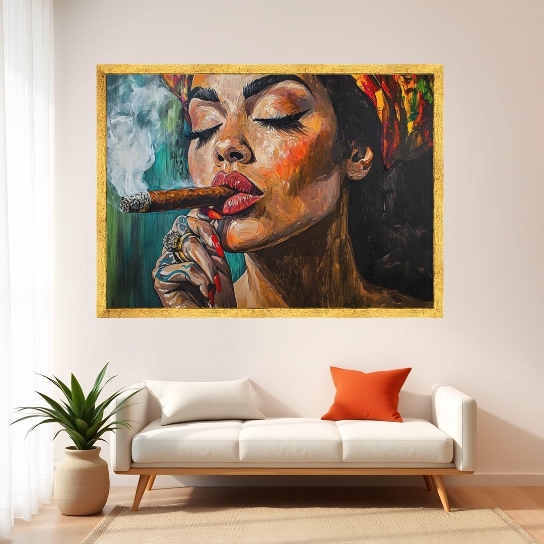 Bold Woman Smoking Cigar Canvas, Vibrant Portrait Wall Art, Modern ...