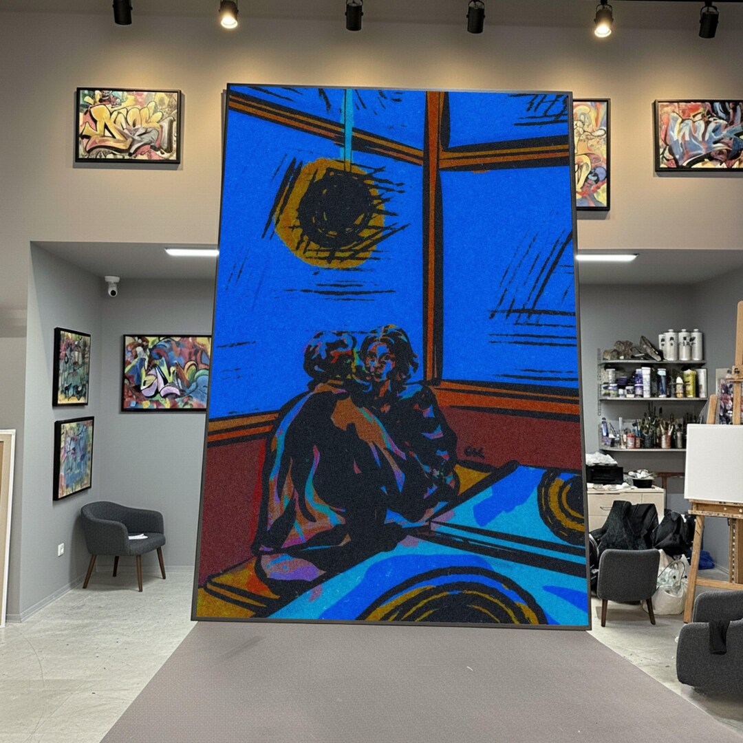 Intimate Couple in Modern Abstract Room, Blue Wall Art Canvas, Romantic ...