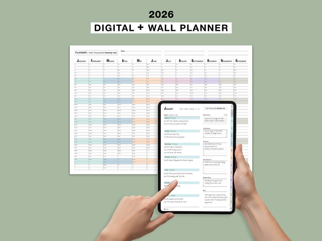 2026 Yearly Wall Planner + Digital Planner Bundle | Full Year Calendar ...