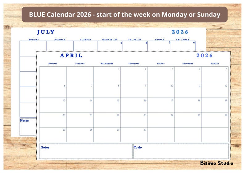 2026 Printable Calendar – Blue Text – Minimalist Horizontal Layout ...
