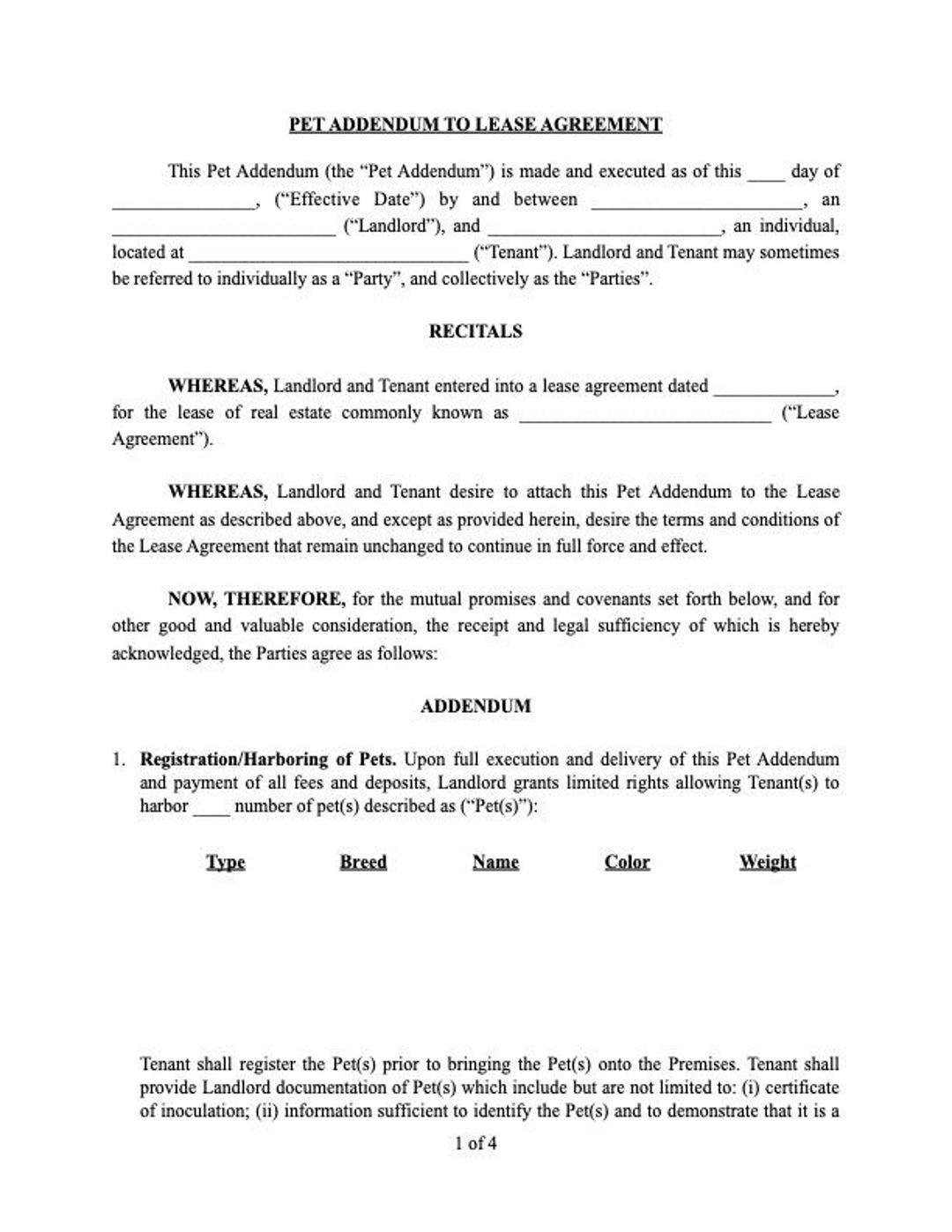 Pet Addendum – Editable Rental Agreement Add-on | Landlord & Tenant ...