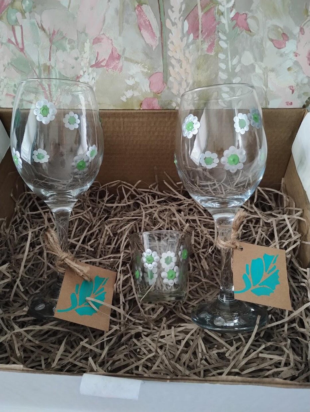 Hand Painted Wine Glasses Set of 2 – Lime Green & Metallic Silver ...