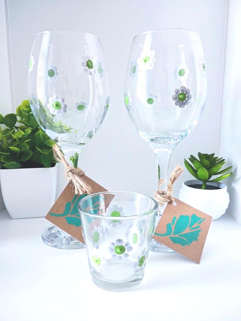 Hand Painted Wine Glasses Set of 2 – Lime Green & Metallic Silver ...