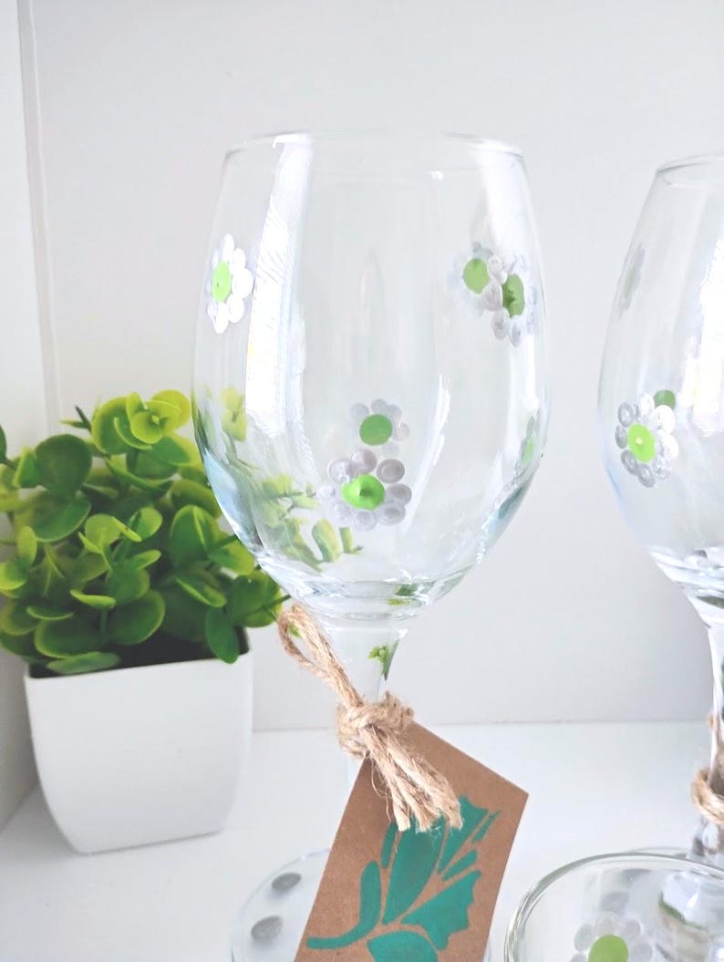 Hand Painted Wine Glasses Set of 2 – Lime Green & Metallic Silver ...