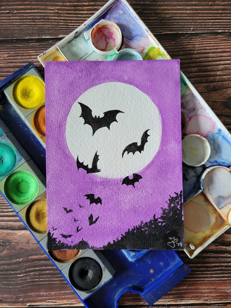 5x7 Full Moon Bat Silhouette | Watercolor | Print and Original Art - Etsy