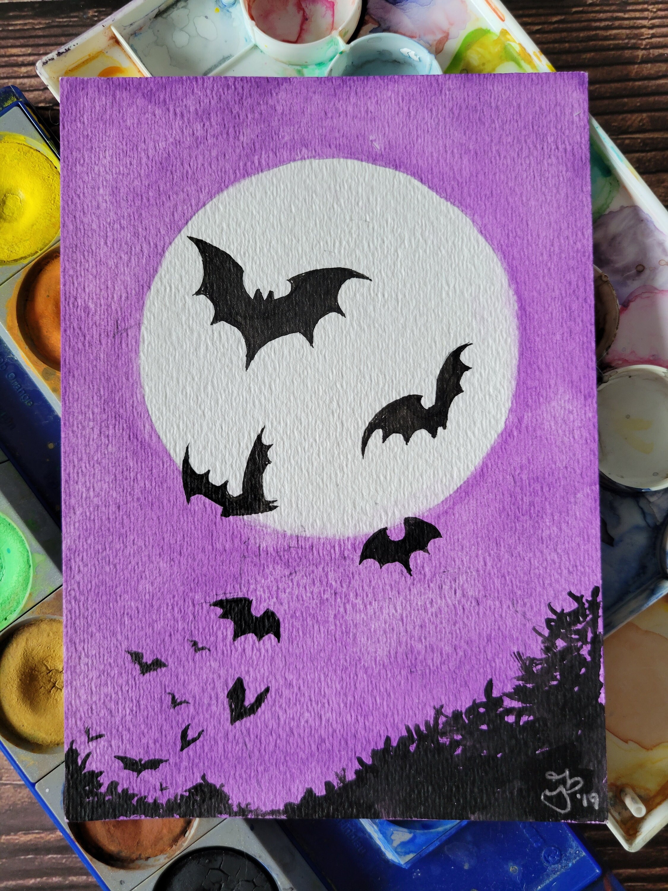 5x7 Full Moon Bat Silhouette | Watercolor | Print and Original Art - Etsy