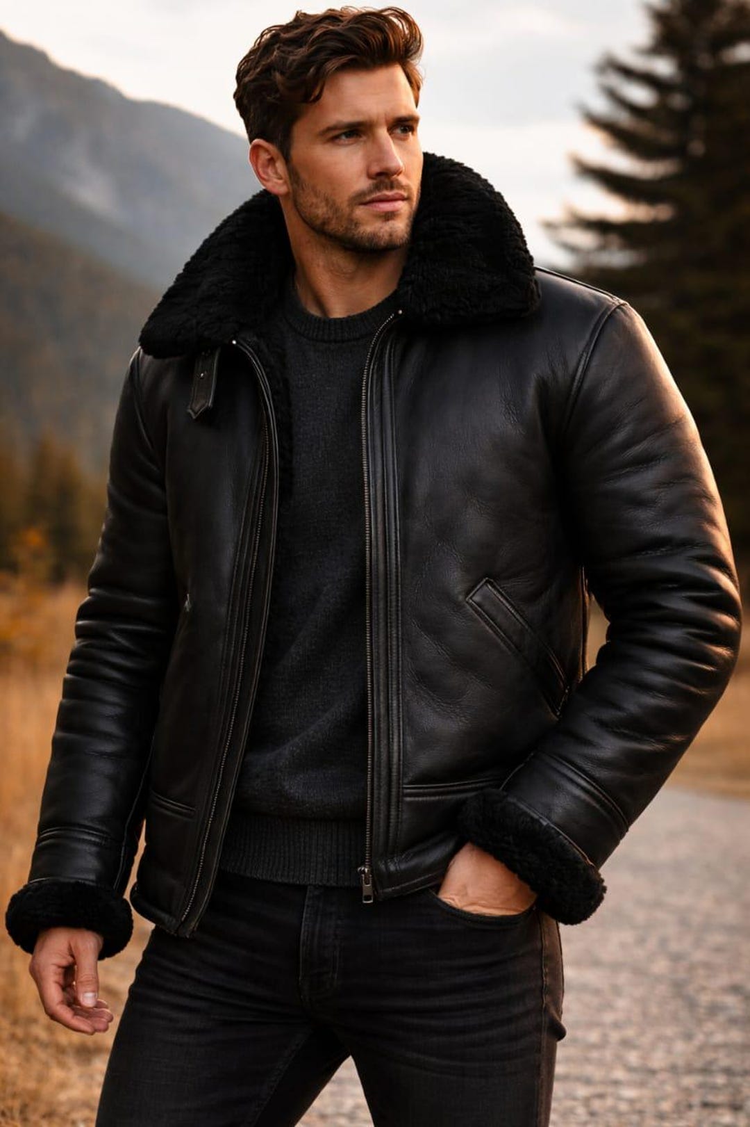 Stunning Black Leather Shearling Jacket Gallery