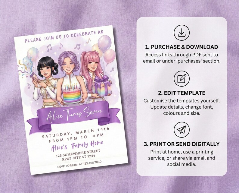 Editable K-pop Idol Hunter Style Birthday Invitation, 5x7 Animated Girl ...