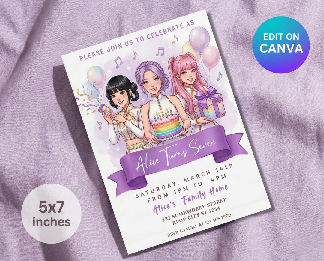 Editable K-pop Idol Hunter Style Birthday Invitation, 5x7 Animated Girl ...