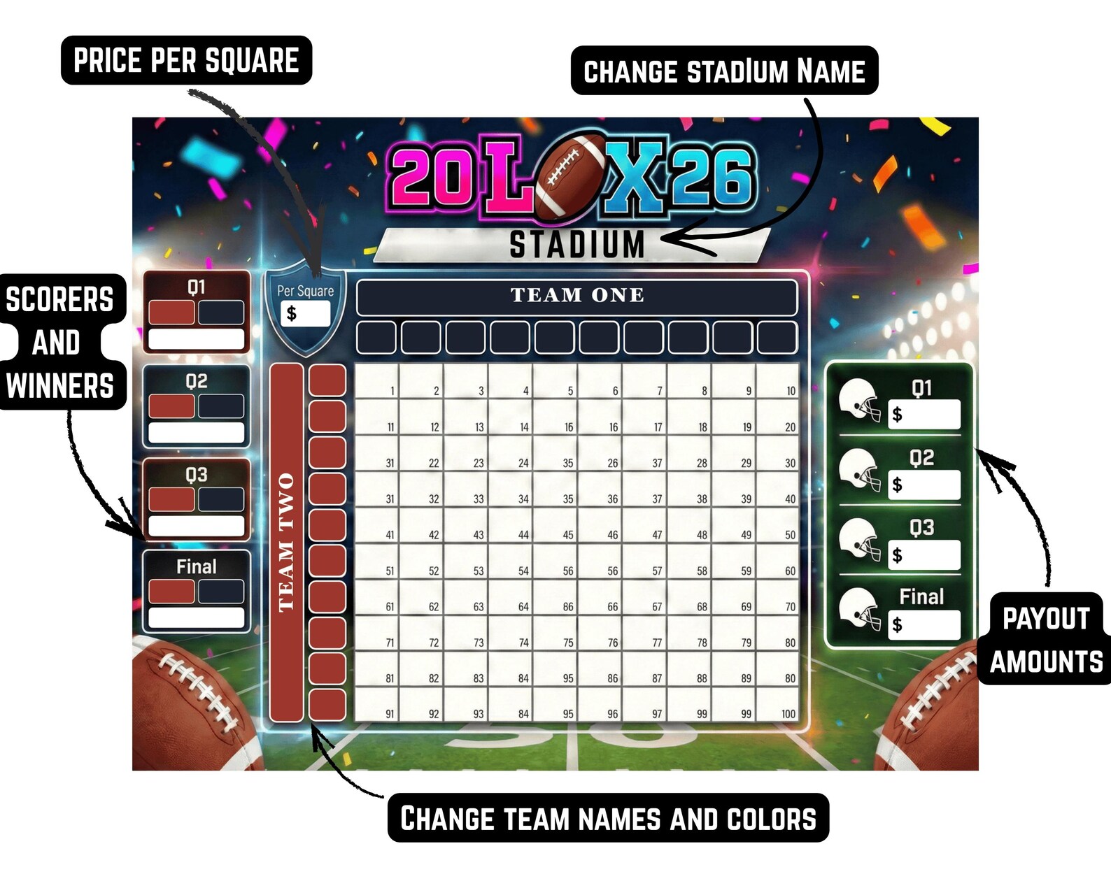 Editable Football Squares Canva Template, 100 Squares Big Game Pool ...