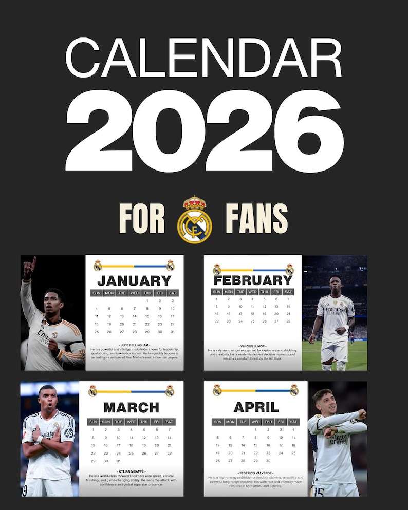 Real Madrid 2026 Calendar | Soccer Fan Gift (digital Download) - Etsy
