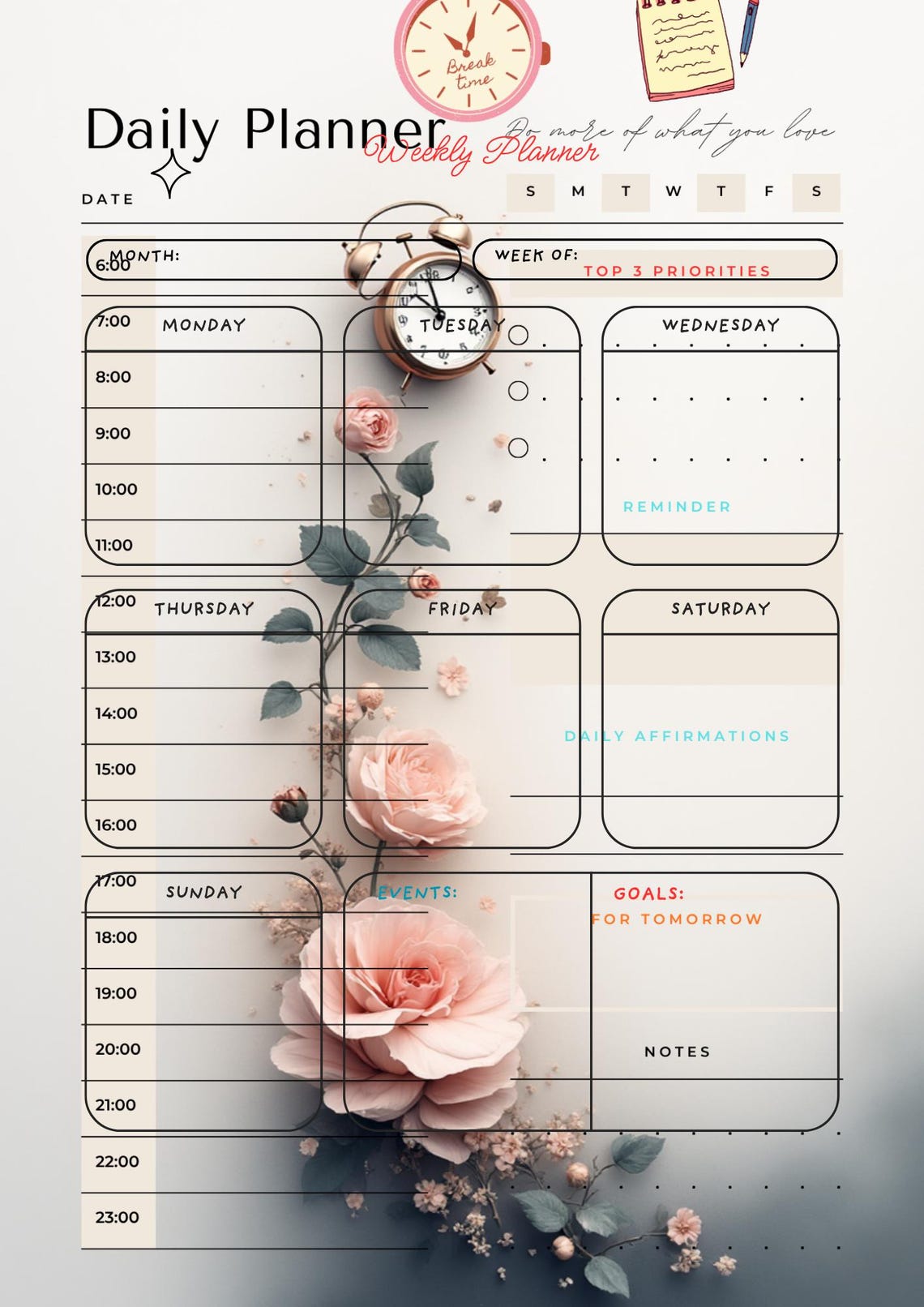 Floral Daily & Weekly Planner | Printable Productivity Organizer (PDF ...