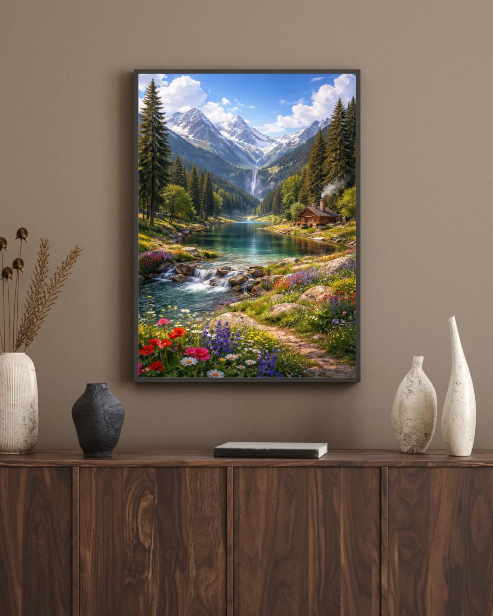 Mountain Lake Landscape Art, Alpine Forest Scenery, Waterfall Wall ...