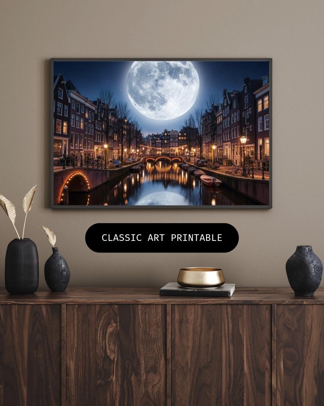 Amsterdam Nightscape Art | Full Moon Canal Reflection (digital Download ...