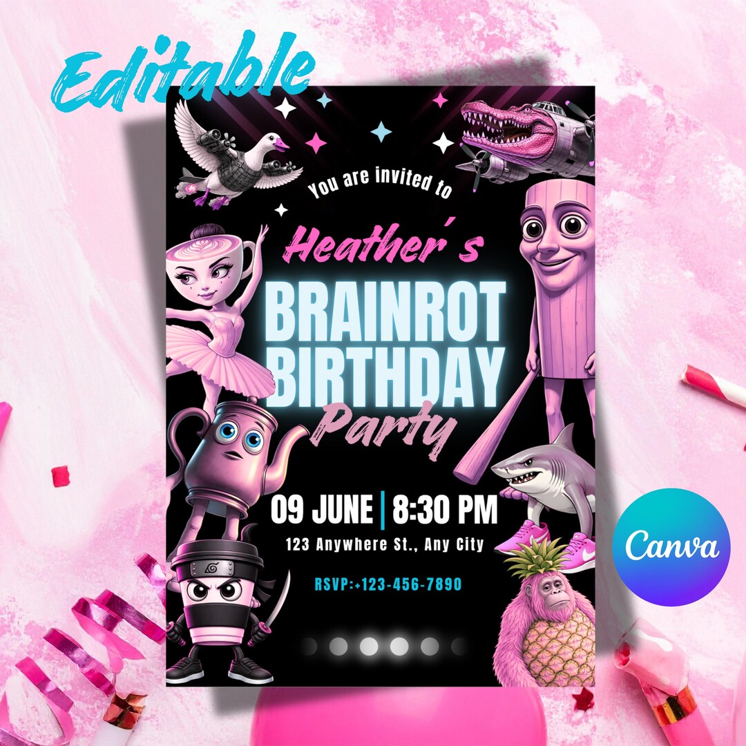 Pink Italian Brainrot Birthday Invitation, 5 X 7 Inch, Editable - Etsy