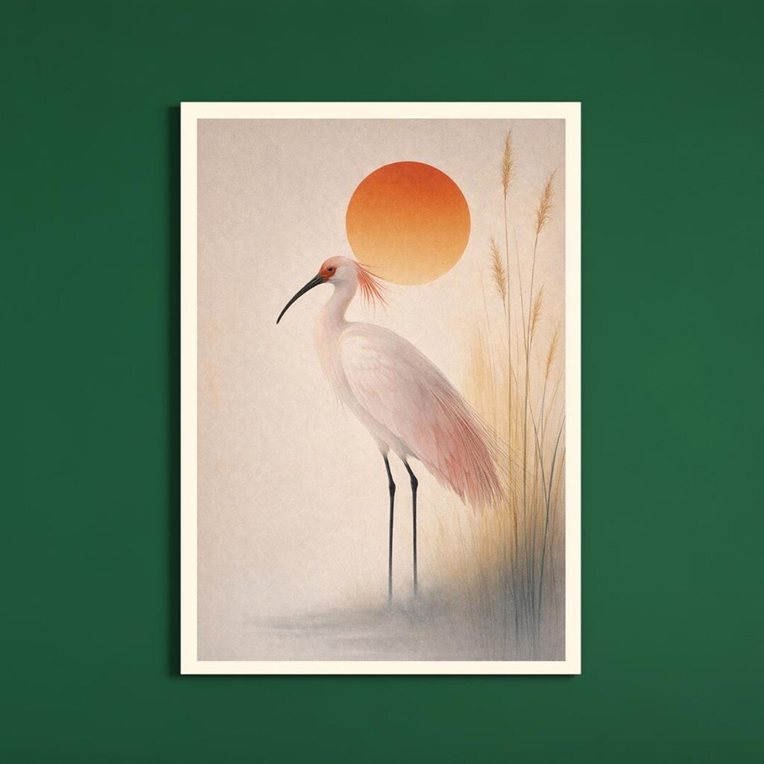 Crested Ibis Wall Art, Elegant Bird Illustration, Soft Sunset Bird Art ...