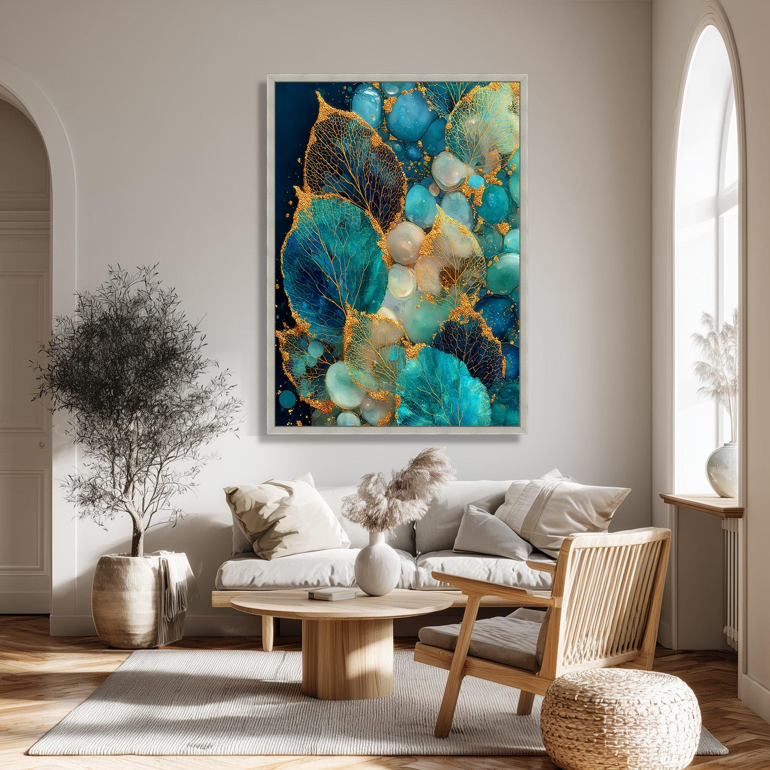 Blue and Gold Abstract Leaves Canvas Print , Modern Botanical Wall Art ...