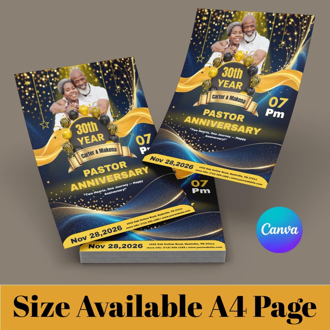 Pastor Anniversary Invitation Template Gold Navy Canva Flyer
