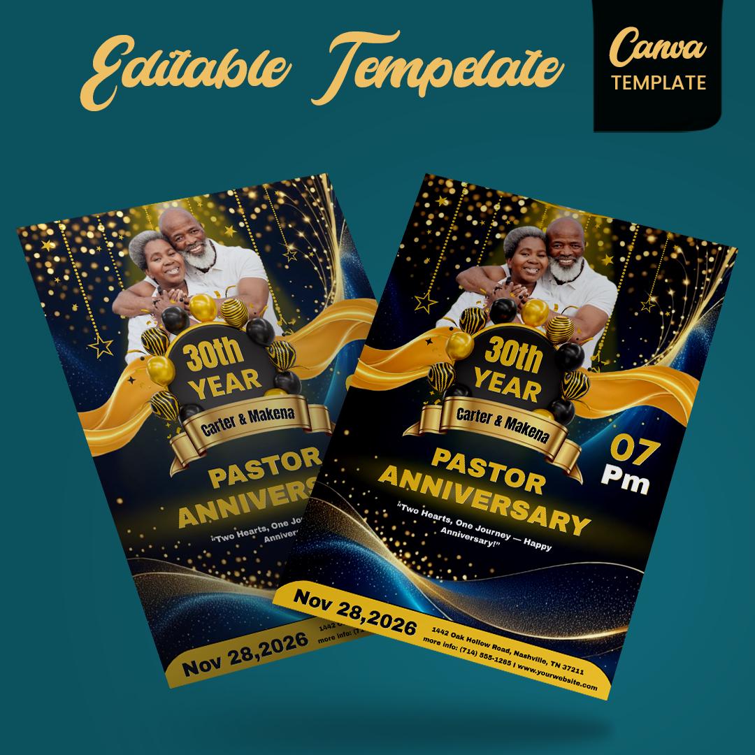 Pastor Anniversary Invitation Template Gold Navy Canva Flyer