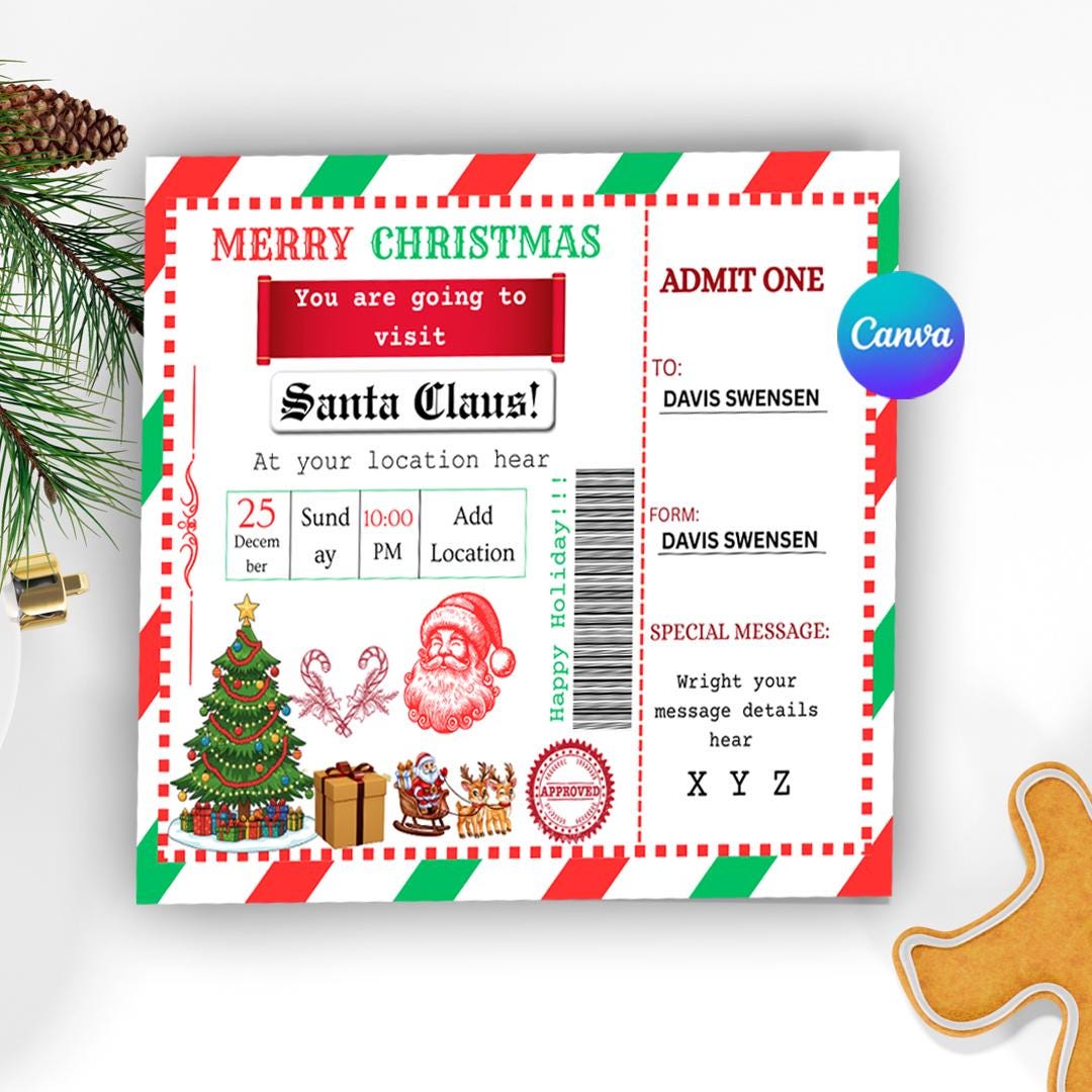 Christmas Santa Visit Ticket Invitation : Editable Santas Claus Admit ...