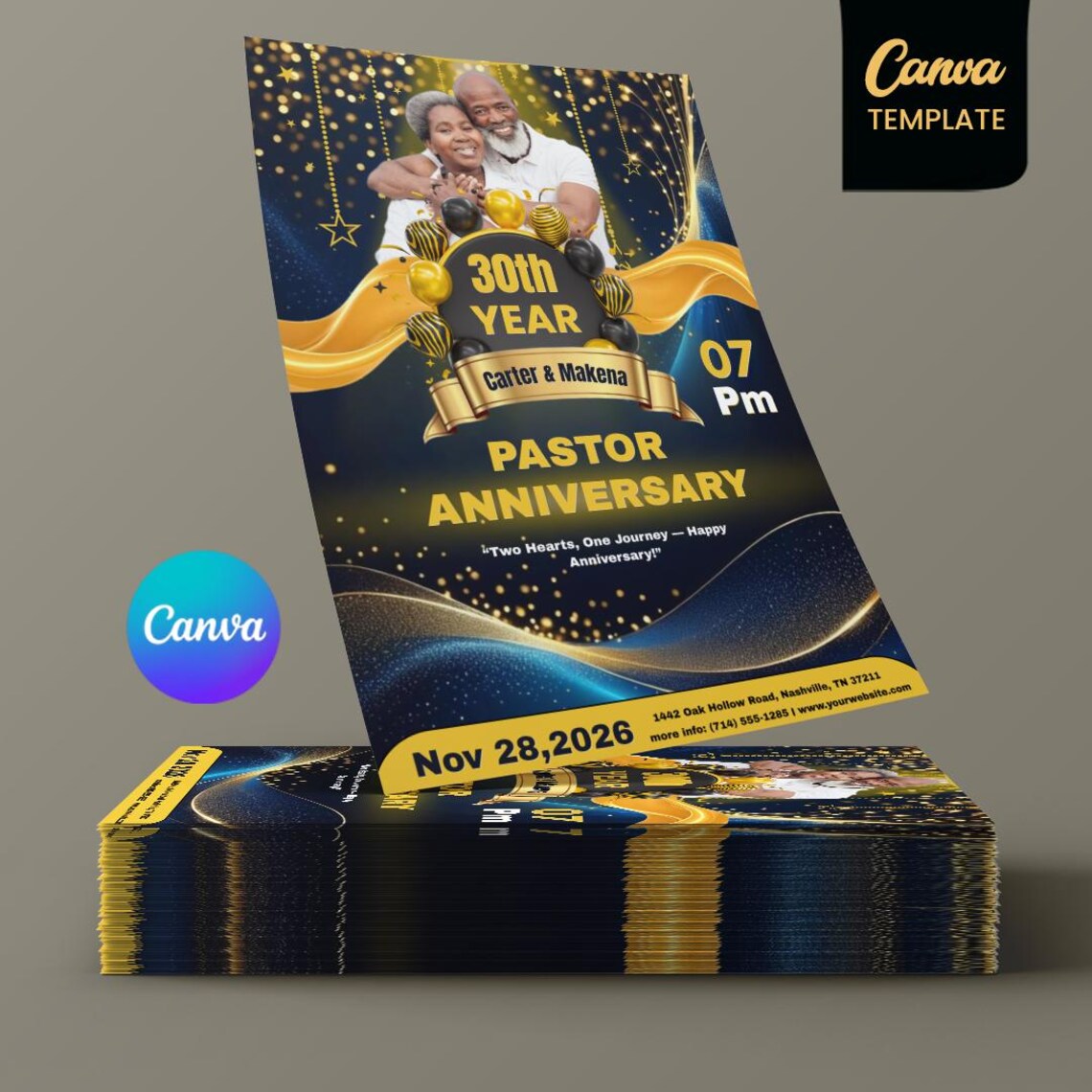 Pastor Anniversary Invitation Template | Gold & Navy Canva Flyer ...