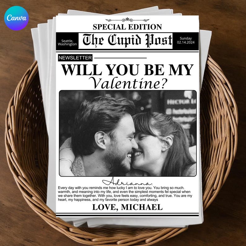 Personalized Valentine Newspaper Template, Editable Canva Gift (digital ...
