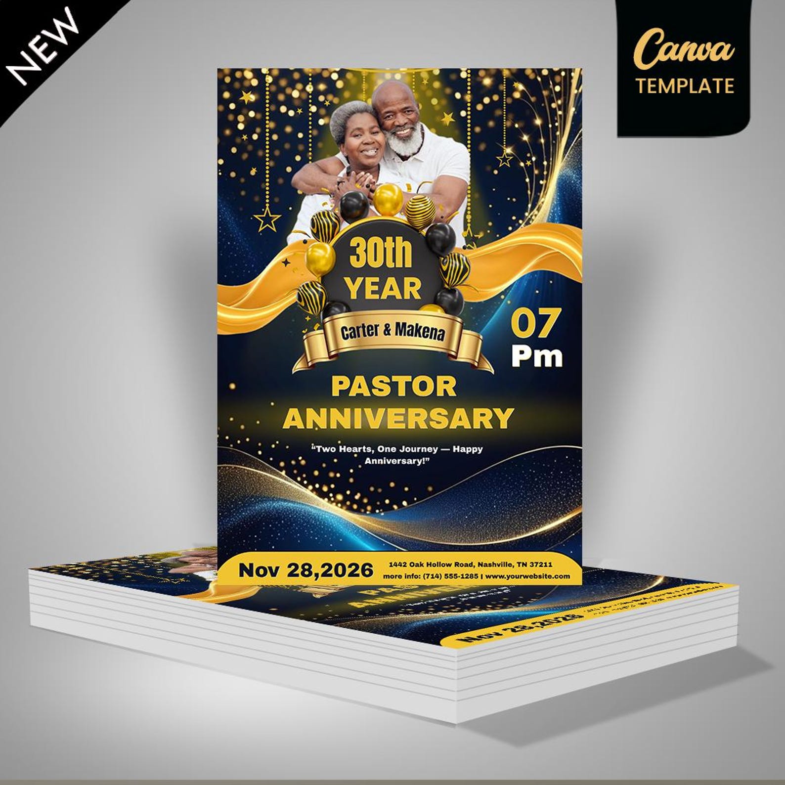 Pastor Anniversary Invitation Template Gold Navy Canva Flyer