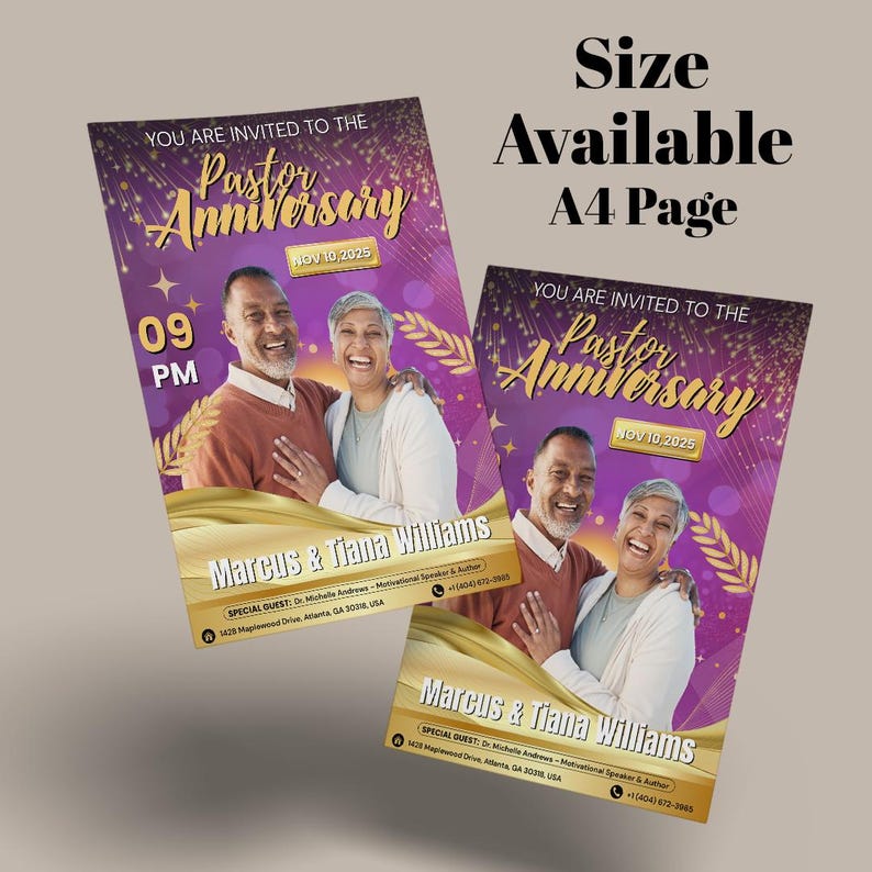Pastor Anniversary Invitation Template • Gold & Purple Flyer (digital ...
