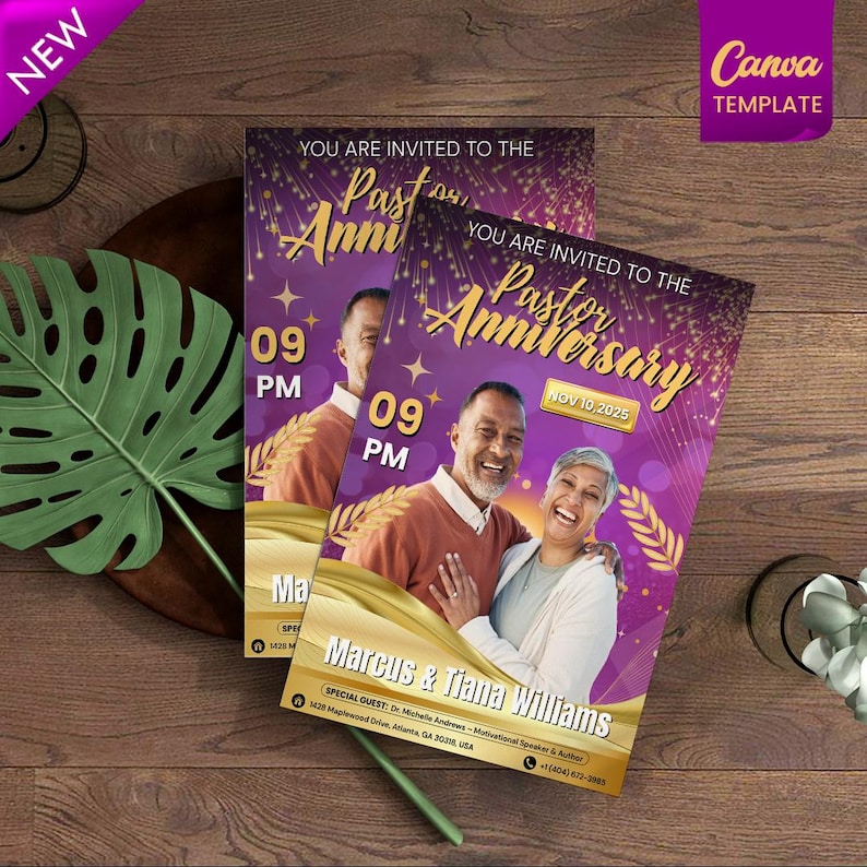 Pastor Anniversary Invitation Template • Gold & Purple Flyer (digital ...