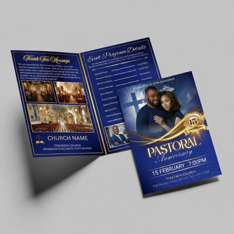 Pastor Anniversary Program Template | Blue & Gold Church Celebration ...