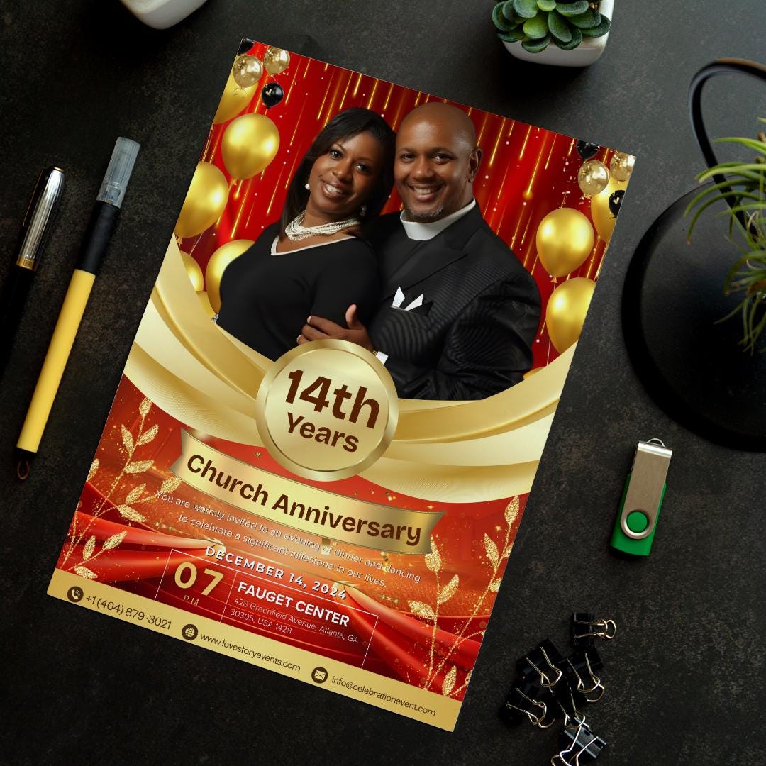 Church Anniversary Flyer | Red & Gold | Editable Invitation (canva ...