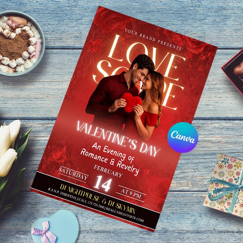 Romantic Valentine's Day Party Flyer, Couples Night, Editable Template ...