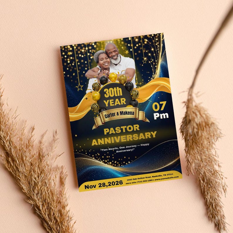 Pastor Anniversary Invitation Template Gold Navy Canva Flyer