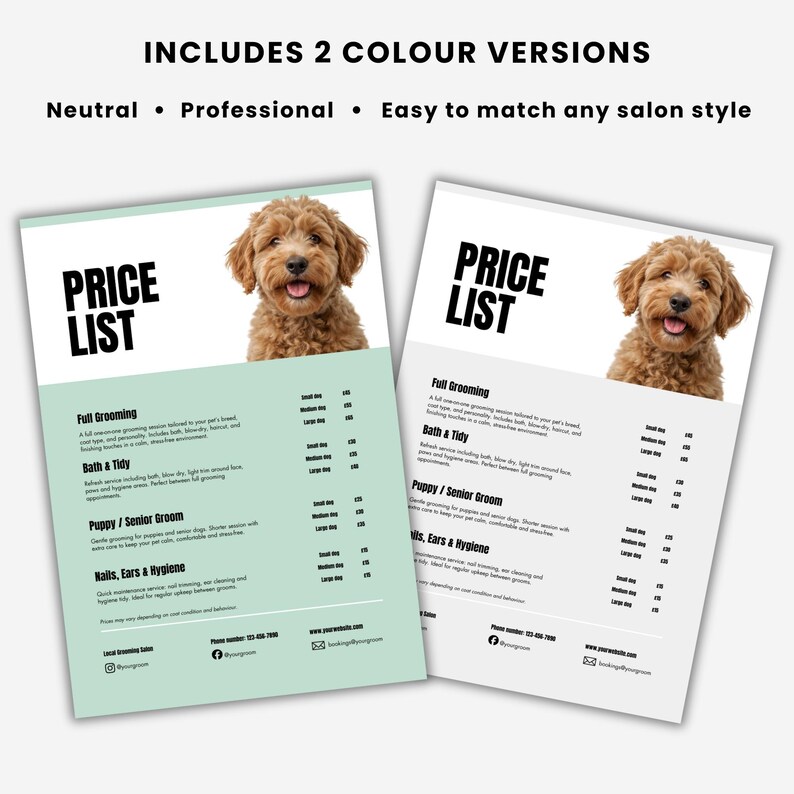 Printable Grooming Price List Template, Editable Canva Price List for ...