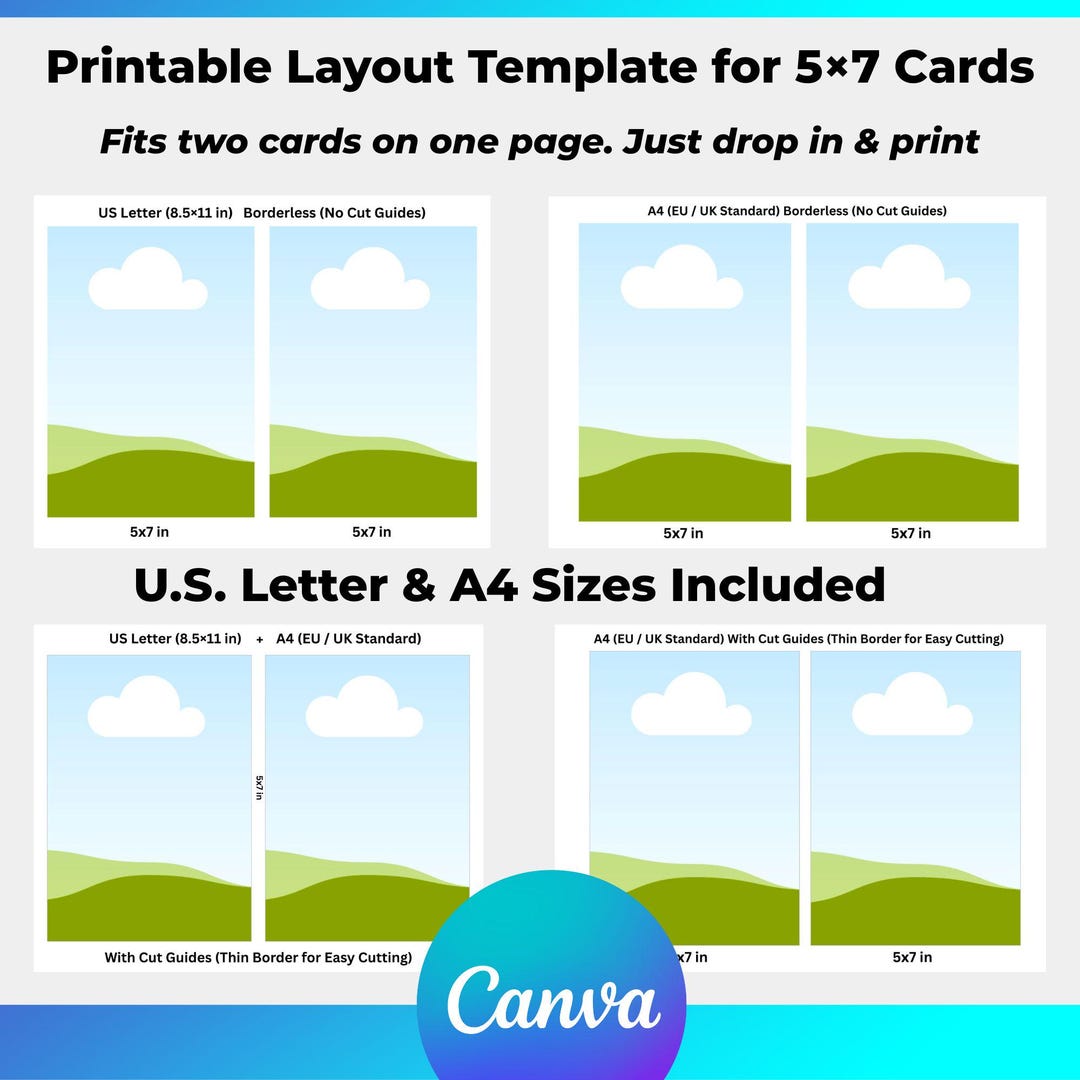 Printable Card Template for 5x7 Cards, Canva Print Template, Two Cards ...