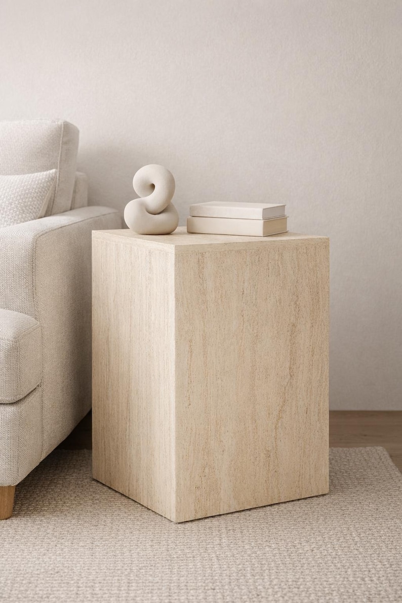 Travertine Look Block Side Table – Minimalist Japandi Accent Table - Etsy