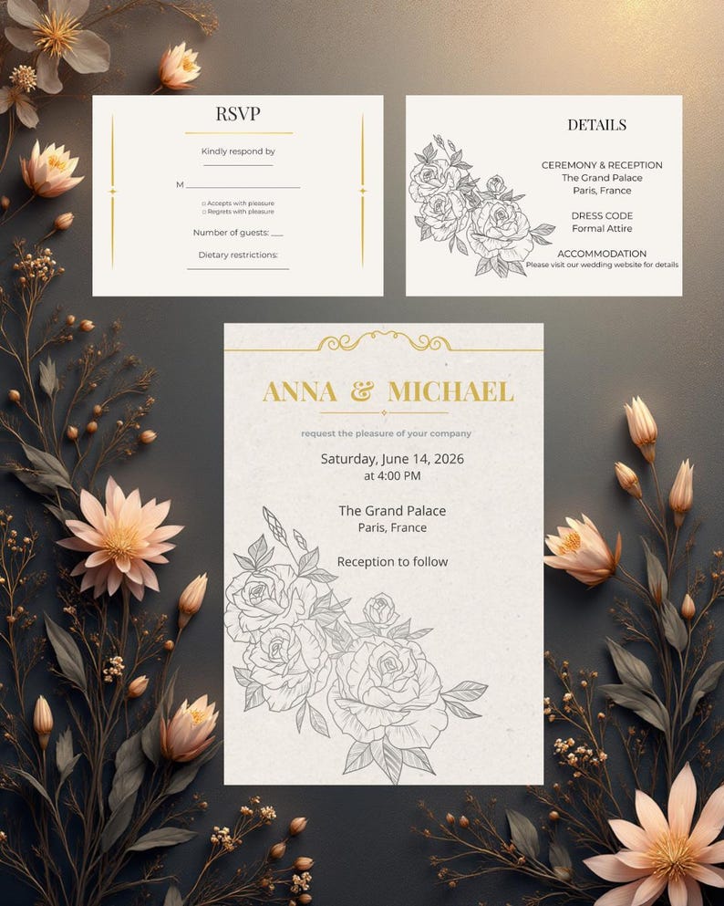 Editable Ivory Wedding Invitation Template,elegant Floral Wedding ...