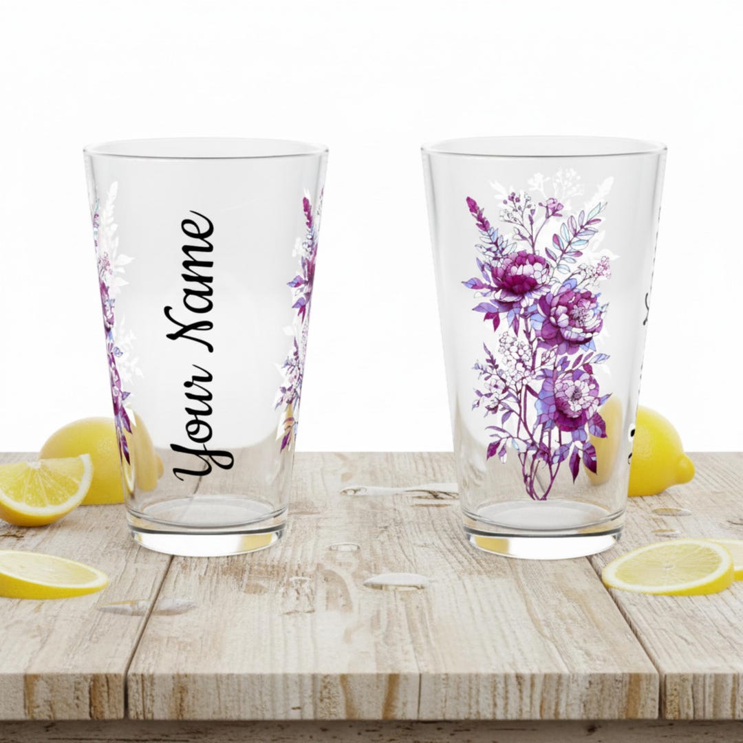 Custom Name Purple Floral Bouquet Pint Glass, Watercolor Drinkware ...