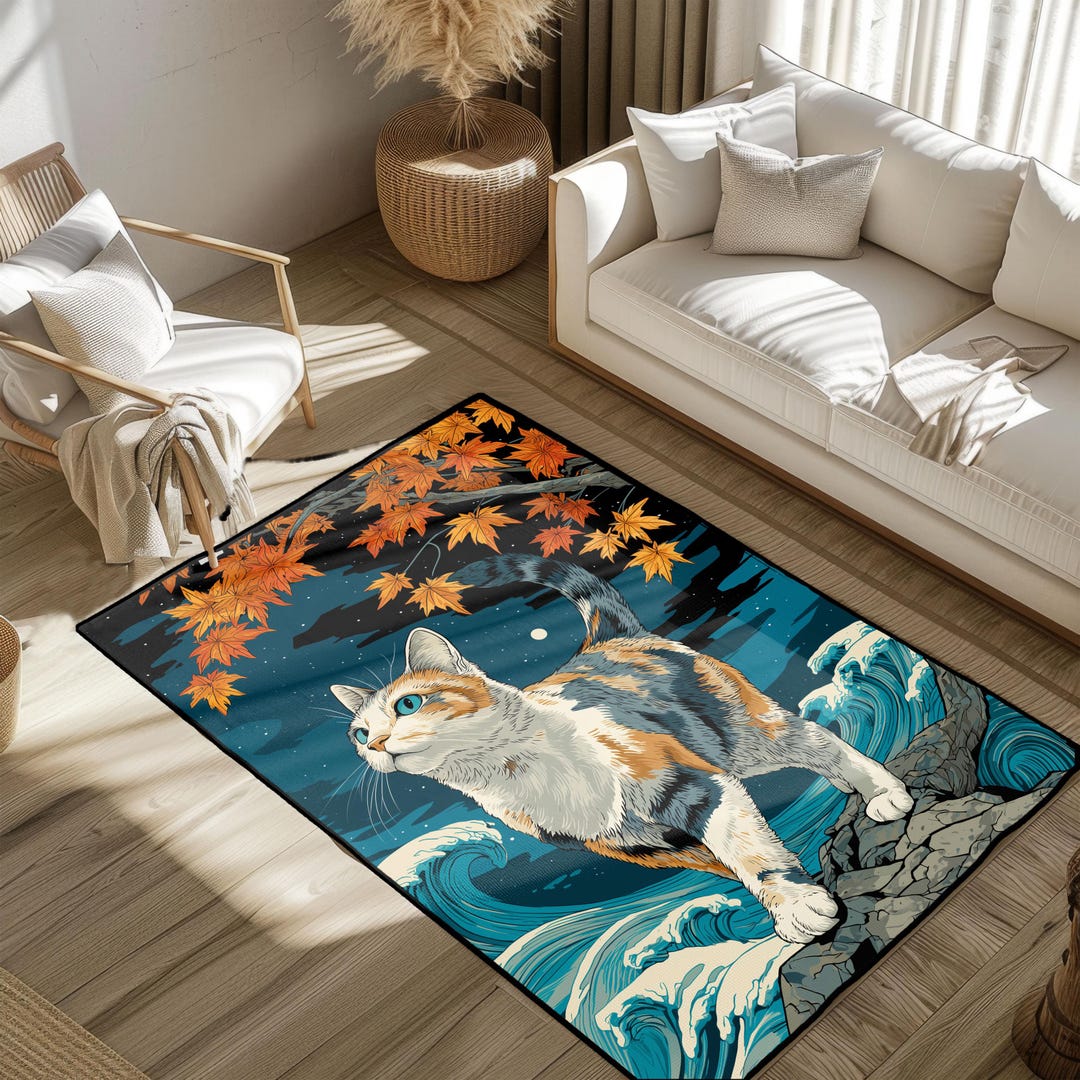 Japanese Ukiyo-e Cat Rug, Calico Cat Art Area Rug, Great Wave Floor Mat ...