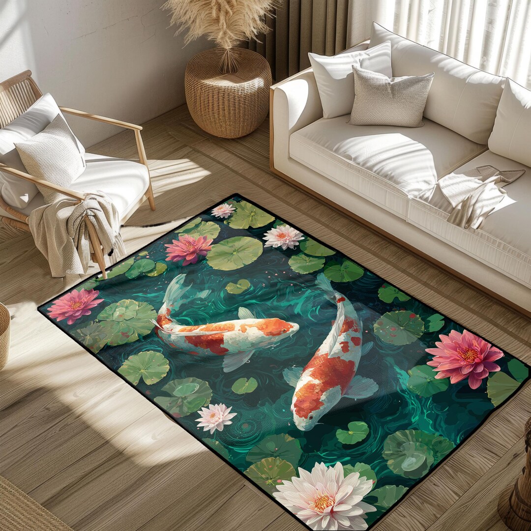 Japanese Koi Fish Pond Rug, Water Lily Pond Area Rug, Tranquil Zen ...