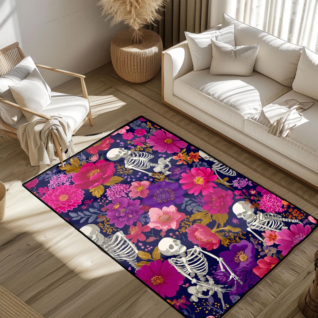Gothic Floral Skeleton Rug, Spooky Season Lover Area Rug, Witchy ...