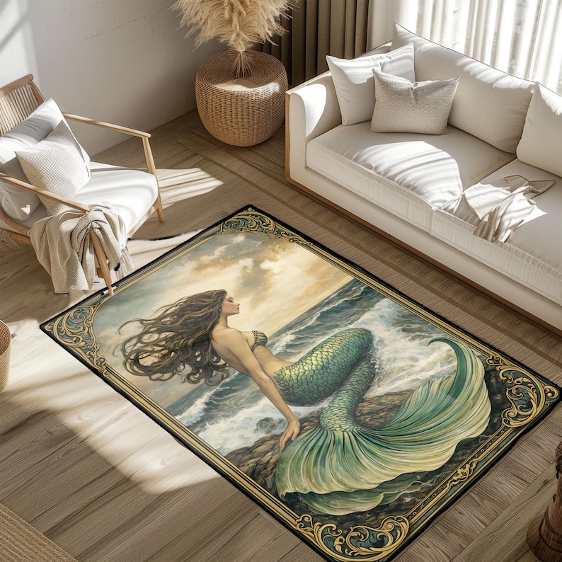 Vintage Mermaid Area Rug, Fantasy Ocean Art Decor, Nautical Sea Floor ...