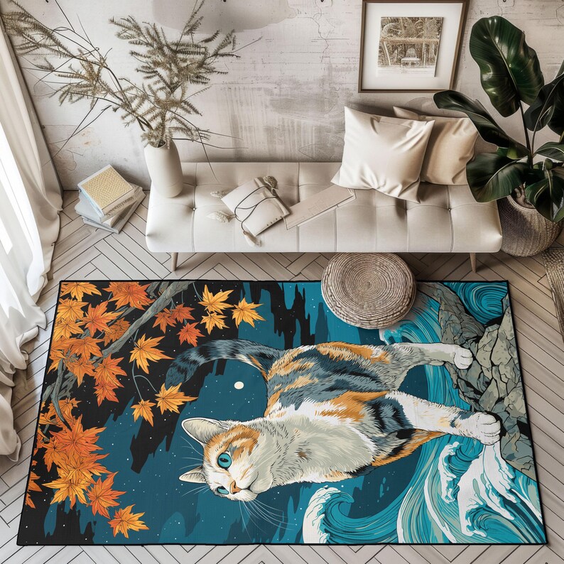 Japanese Ukiyo-e Cat Rug, Calico Cat Art Area Rug, Great Wave Floor Mat ...