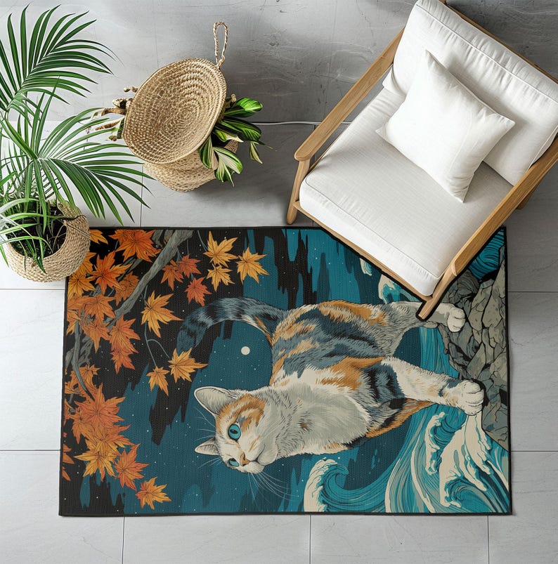 Japanese Ukiyo-e Cat Rug, Calico Cat Art Area Rug, Great Wave Floor Mat ...