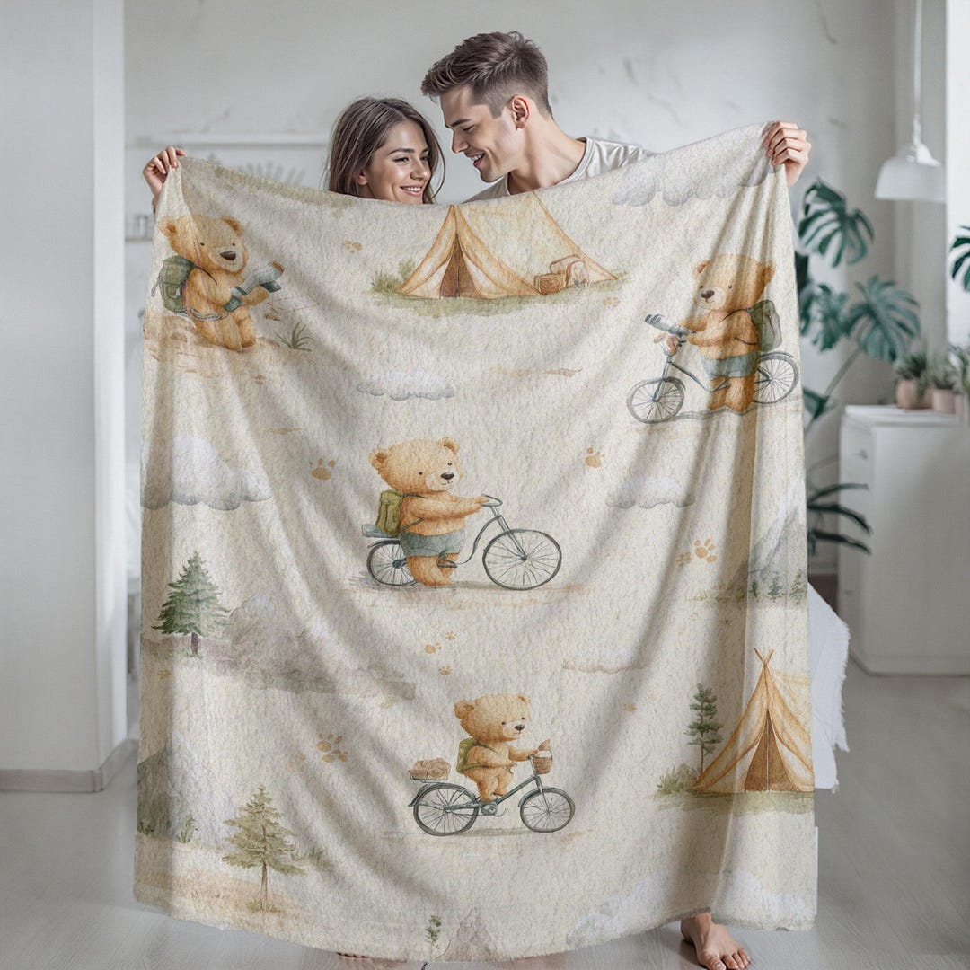 Cute Teddy Bear Camping Sherpa Fleece Blanket, Woodland Adventure Kids ...