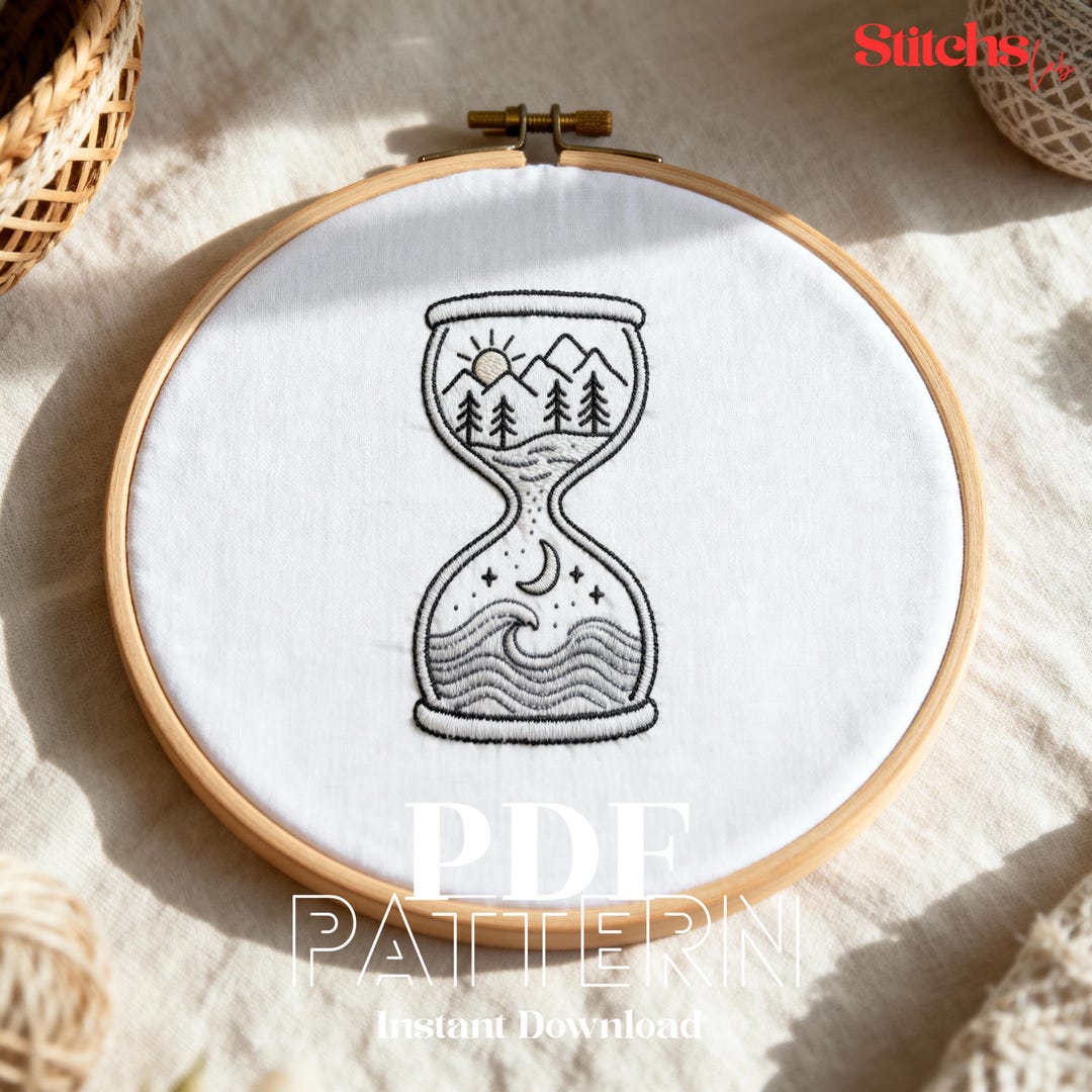 Hourglass Landscape Embroidery Pattern PDF | Sun Moon Mountain Design ...