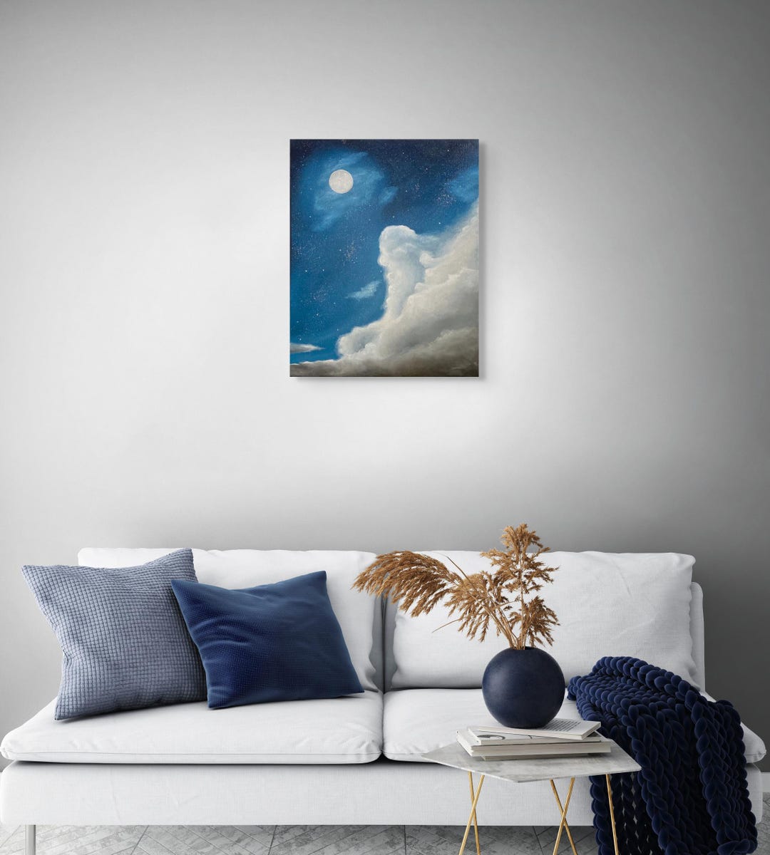 Moonlight Clouds | Original Oil Painting | Navy Blue Decor | 40x50 Cm ...